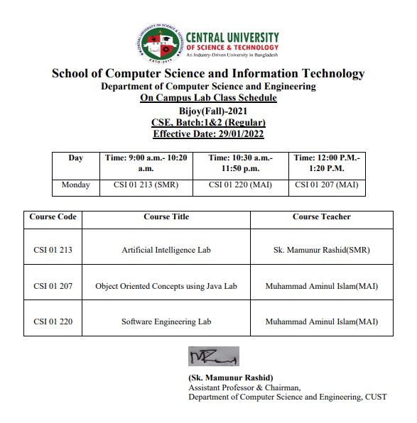 On Campus Lab Class Schedule for CSE (Regular), Batch 1&2 – Fall 2021 ...