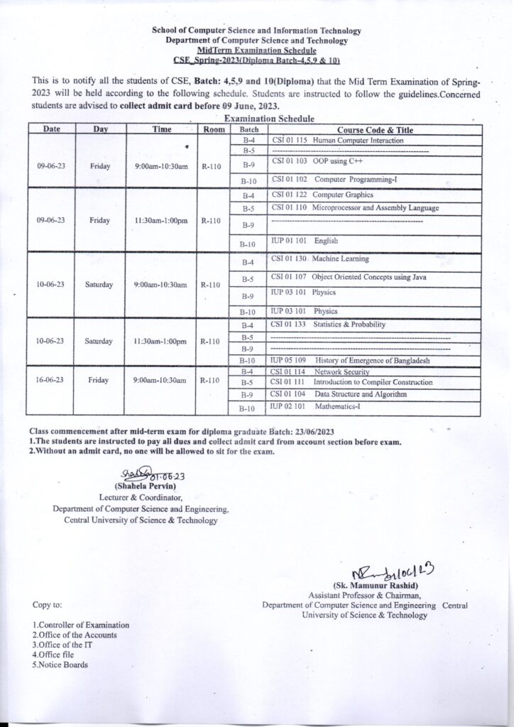 Midterm Examination for CSE Program, Spring 2023 - Central University of Science & Technology